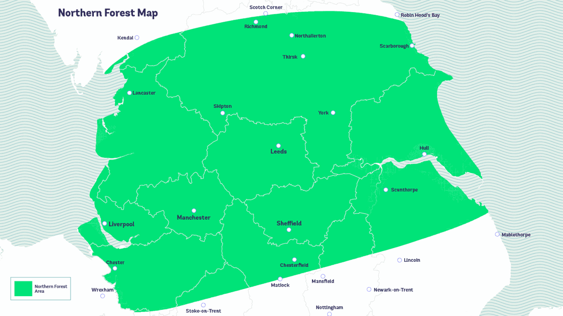 Map showing the north of England with a band from Liverpool to Hull ...